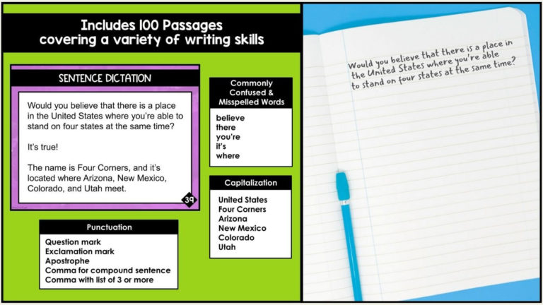 sentence dictation for spelling, capitalization, punctuation, grammar