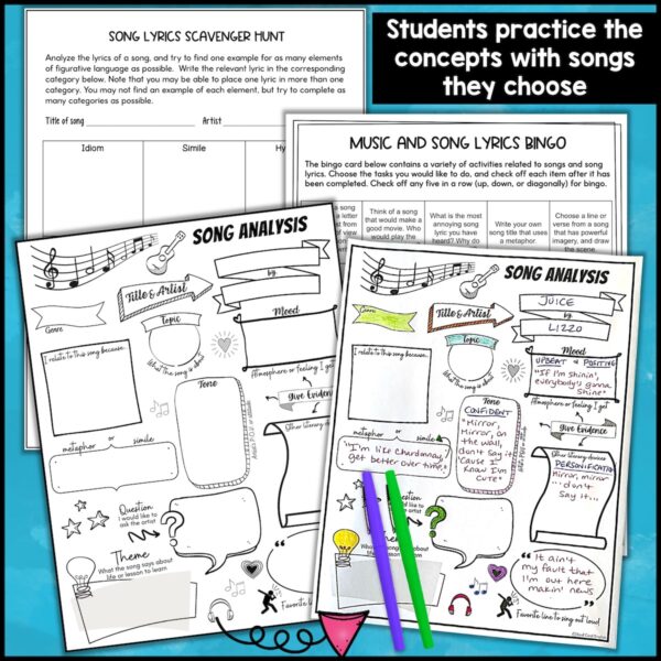 Song Lyric Analysis Worksheets for Figurative Language in Songs ...